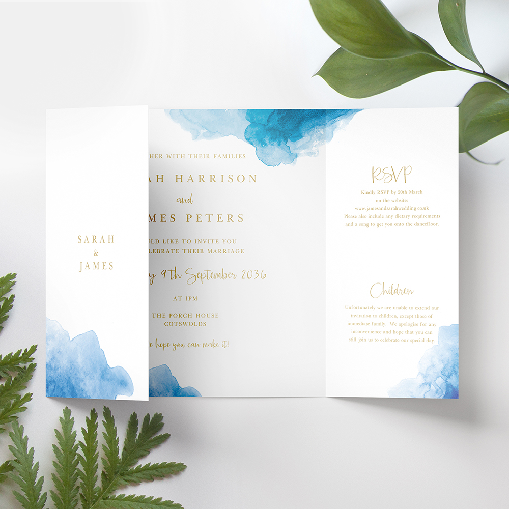 Foil Printed Gatefold Wedding Invitations 'Blue Splash'